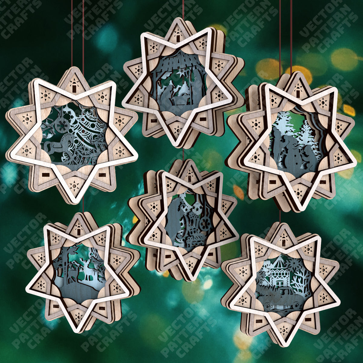 Wooden Christmas star ornaments 6 bundle svg file