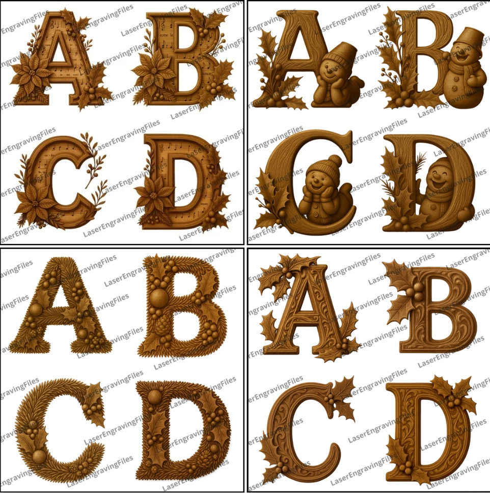 4 Christmas Alphabets with Letters Bundle laser engraving png file