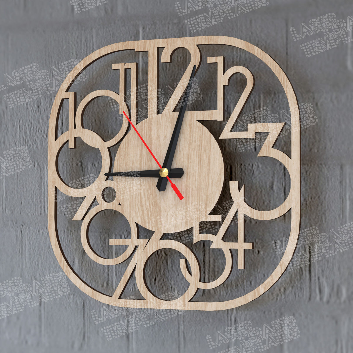 Modern numbers square wall clock laser cut svg file