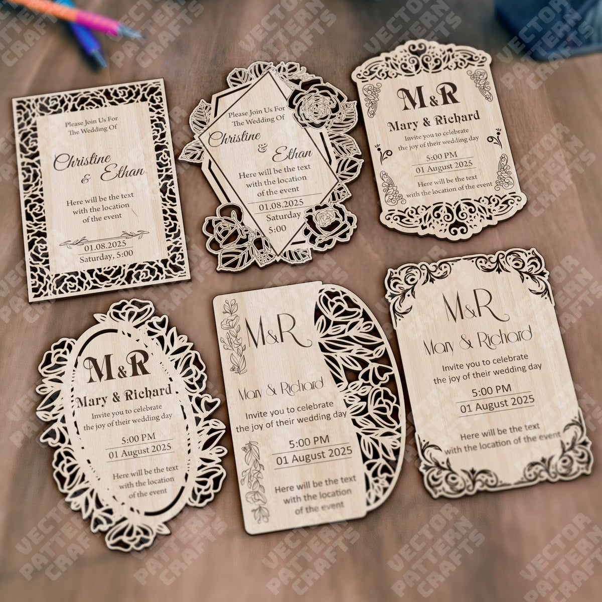 Laser cut Wedding invitation cards 6 set svg cutting file