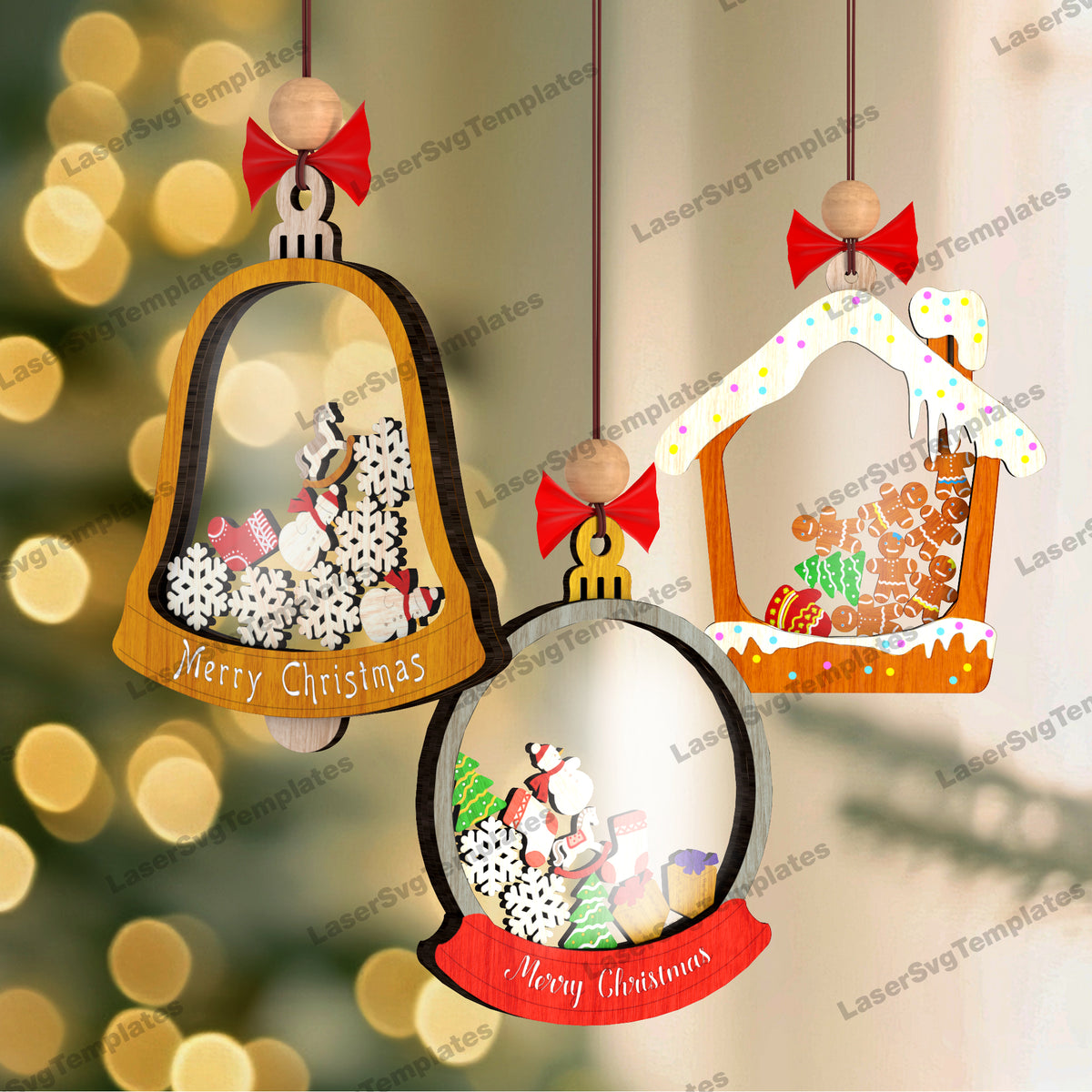 Christmas shake ball ornaments 3 bundle laser cut svg file