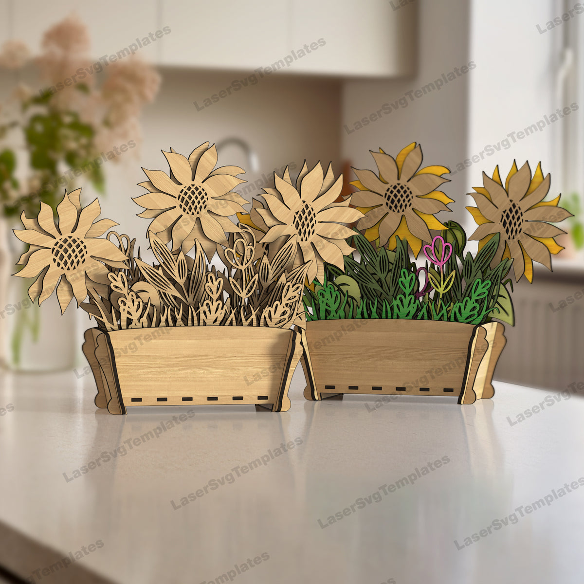 Laser cut sunflower pot table decor svg template