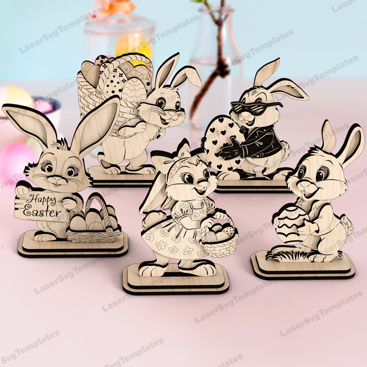 Standing Easter bunny decoration 5 bundle laser cut svg file