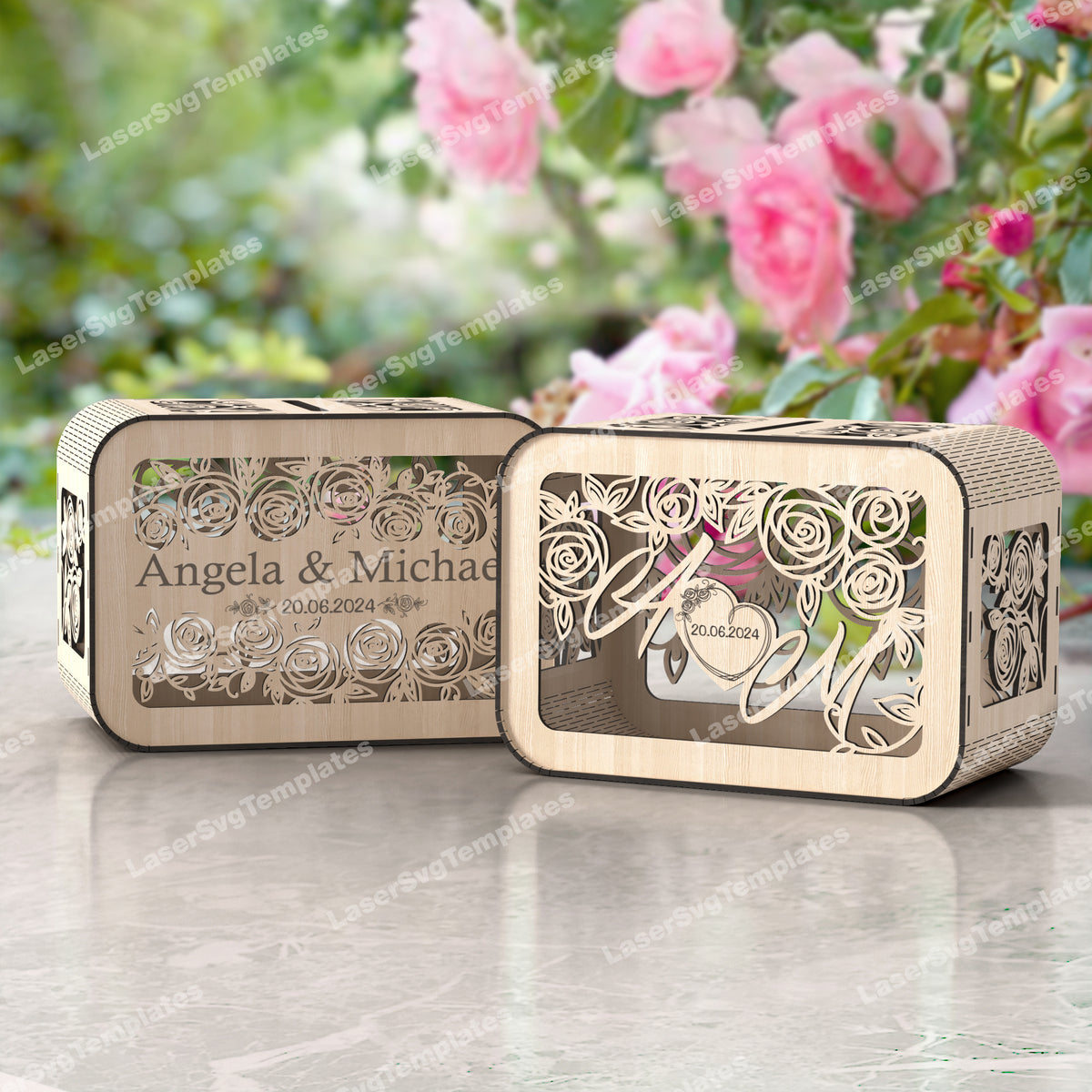 Wooden rectangular rose wedding card box laser cut svg file