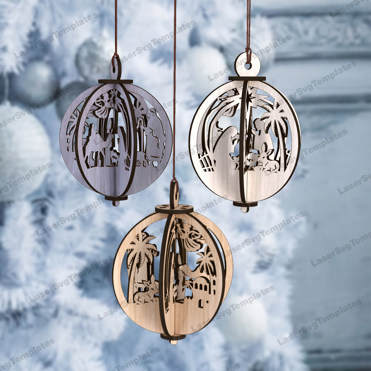 Laser cut 3D Nativity tree ball ornaments svg file