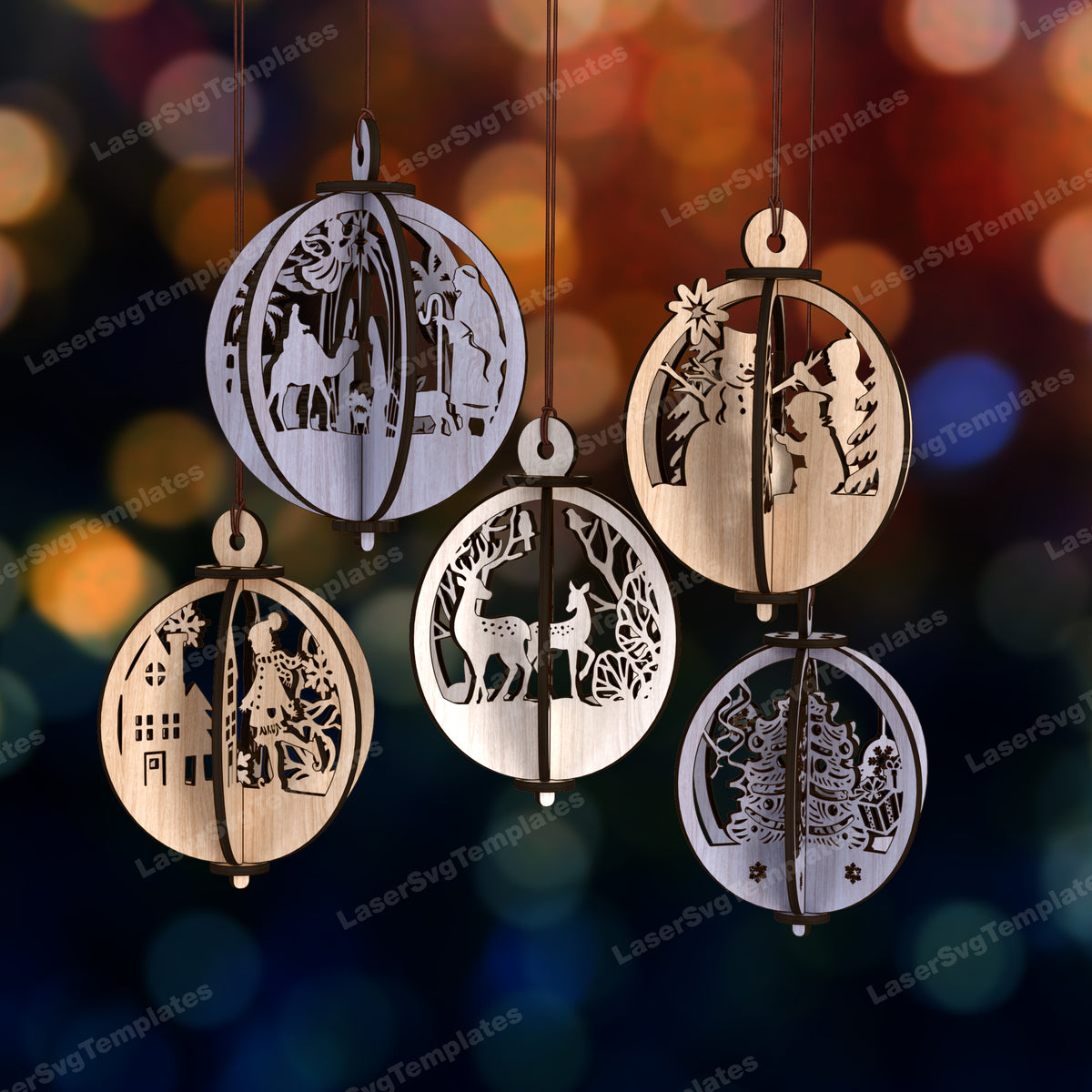 3D Christmas tree ball ornaments 5 bundle laser cut svg file