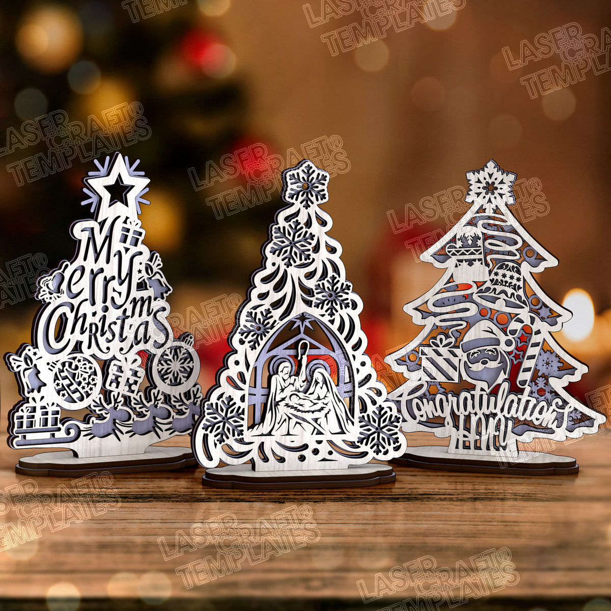 Laser cut Christmas tree table decorations 3 bundle svg file