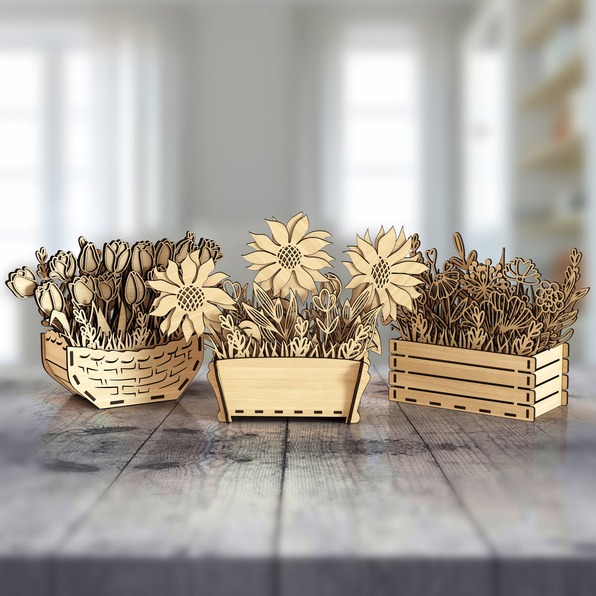 Wooden 3D flowers pot table decor 3 bundle laser cut svg file