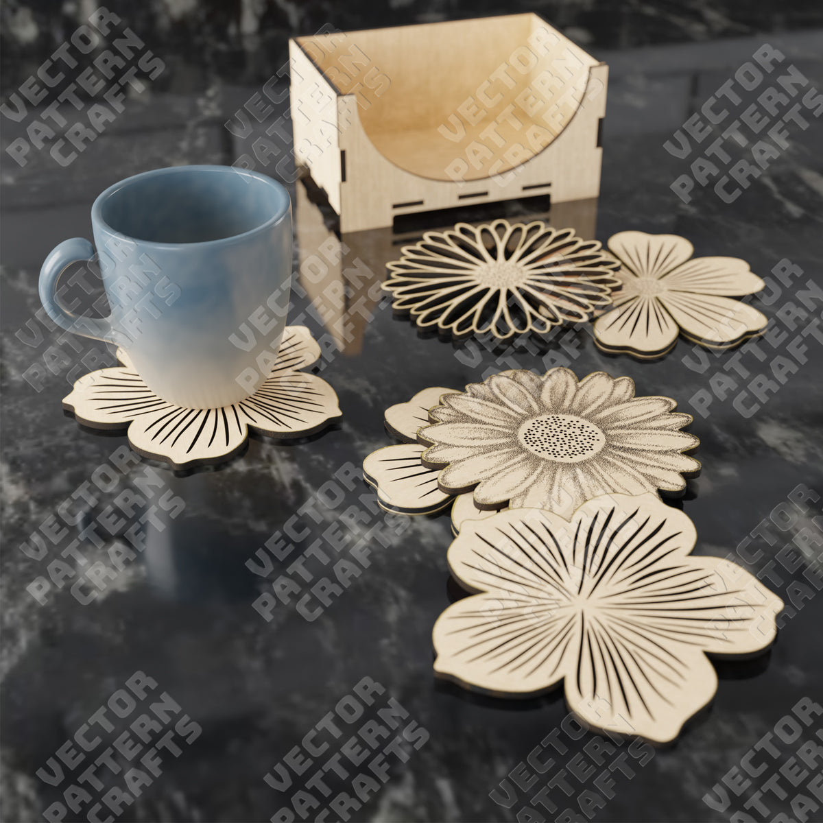 Flowers coasters with holder laser cut svg file