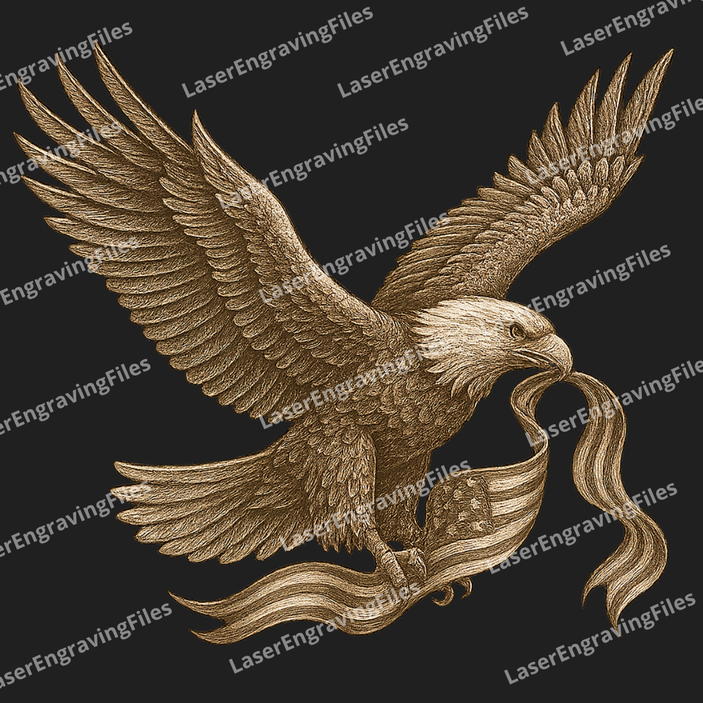 Flying eagle with USA flag ribbon laser engraving png file