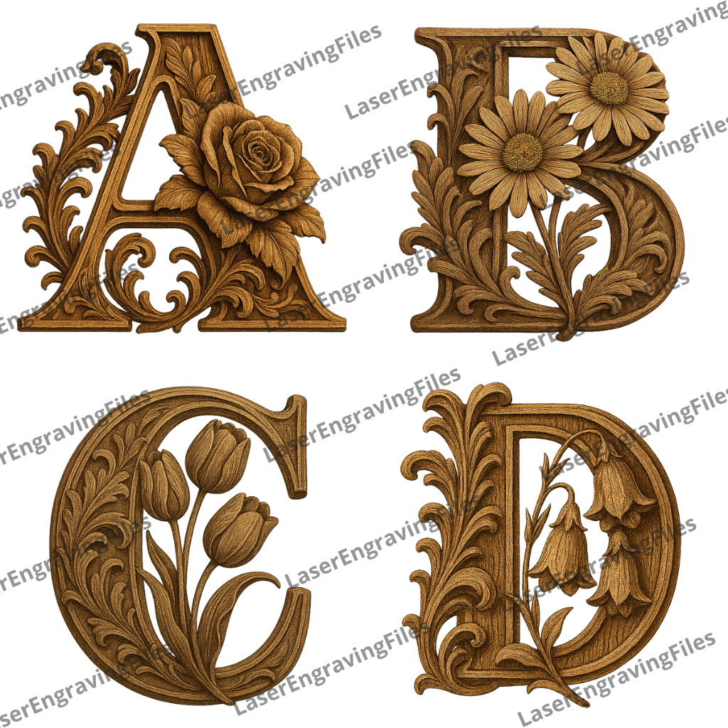 Floral alphabet letters laser engraving png file