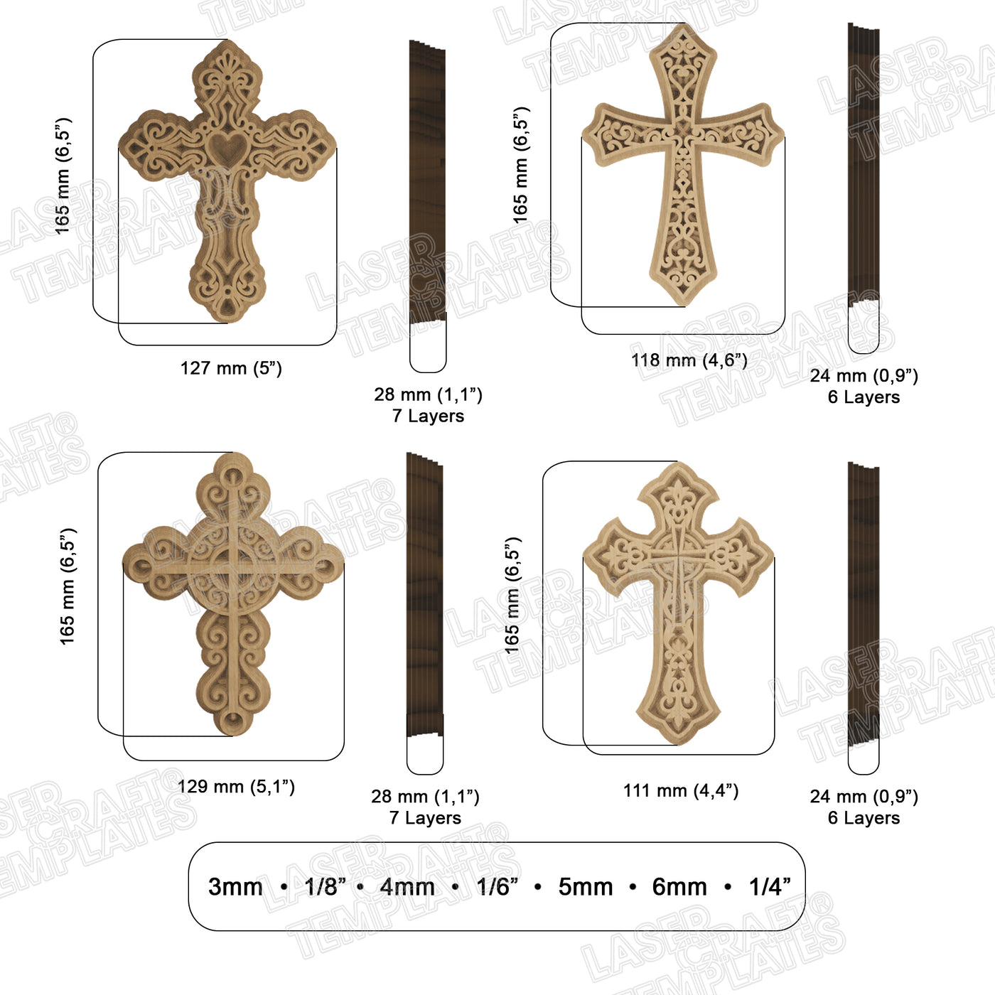 4 Multilayer Cross wall art panels laser cut svg file