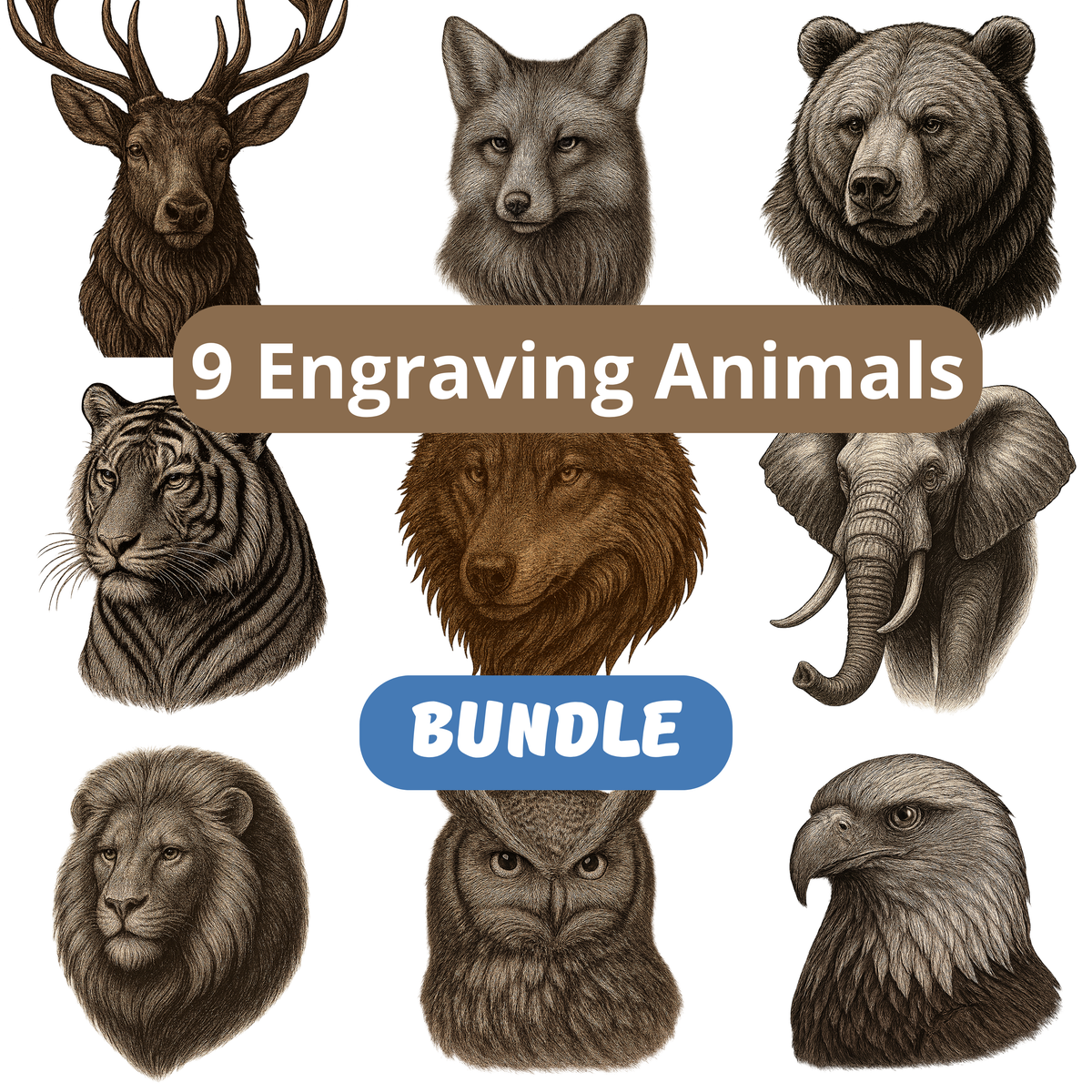 9 Wild animals Bundle laser engraving png file