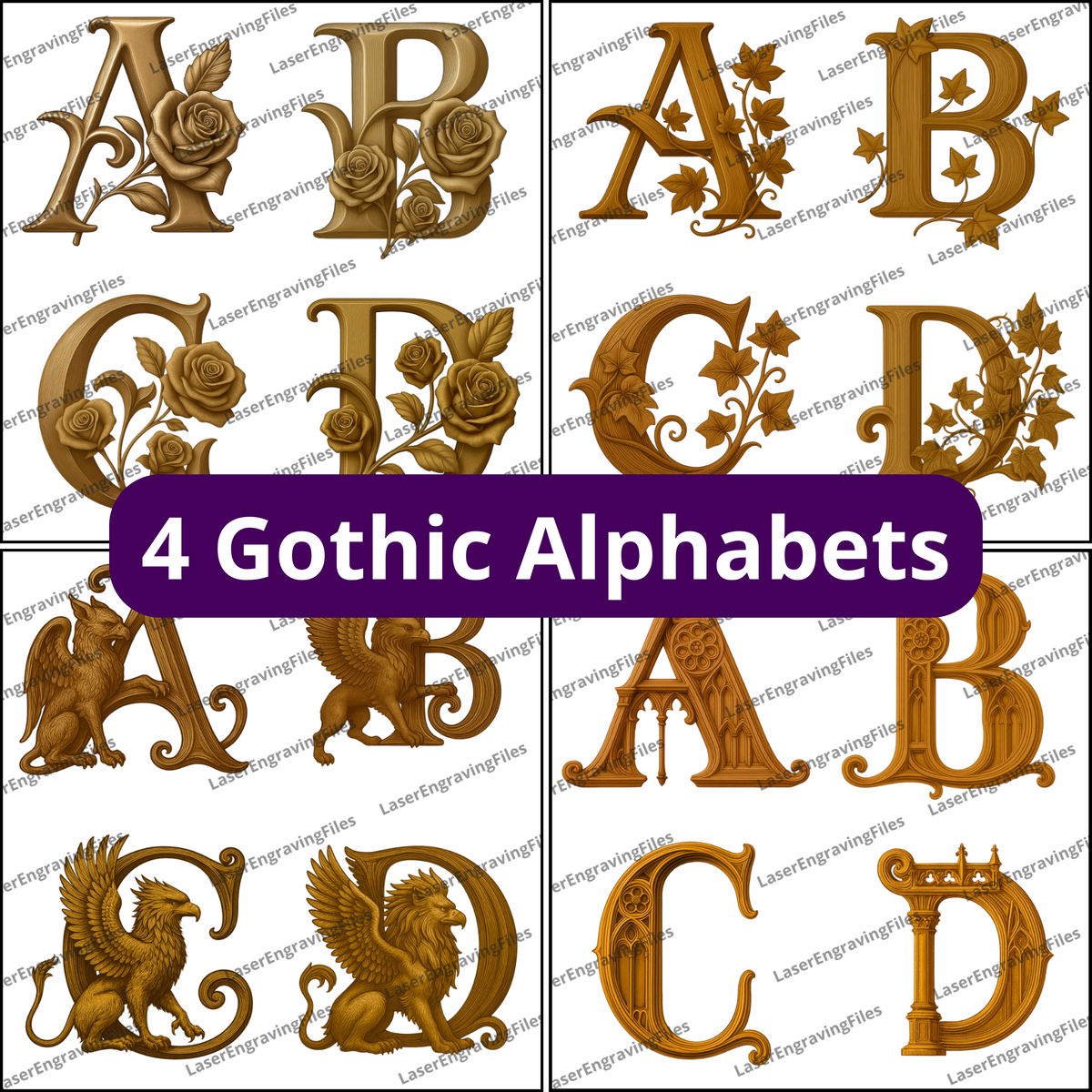 4 Gothic Alphabets with Letters Bundle laser engraving png file