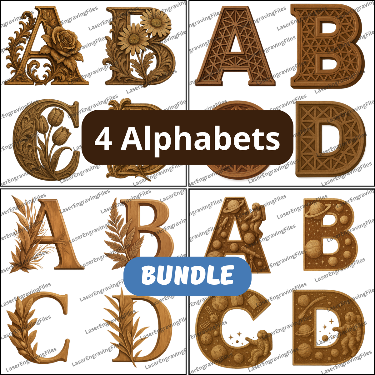 4 Alphabets with Letters Bundle laser engraving png file