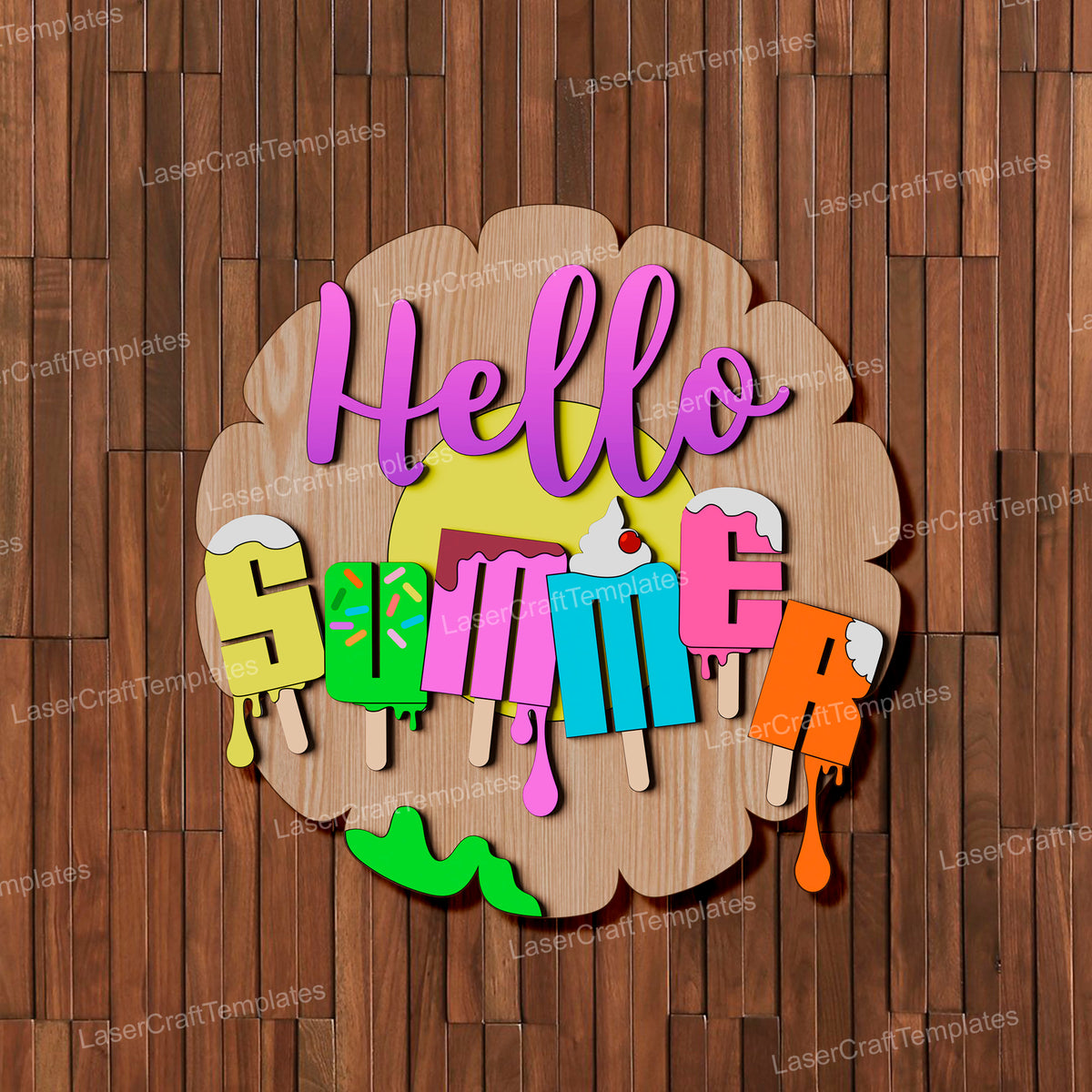 Hello Summer Ice Cream Sign laser cut svg file