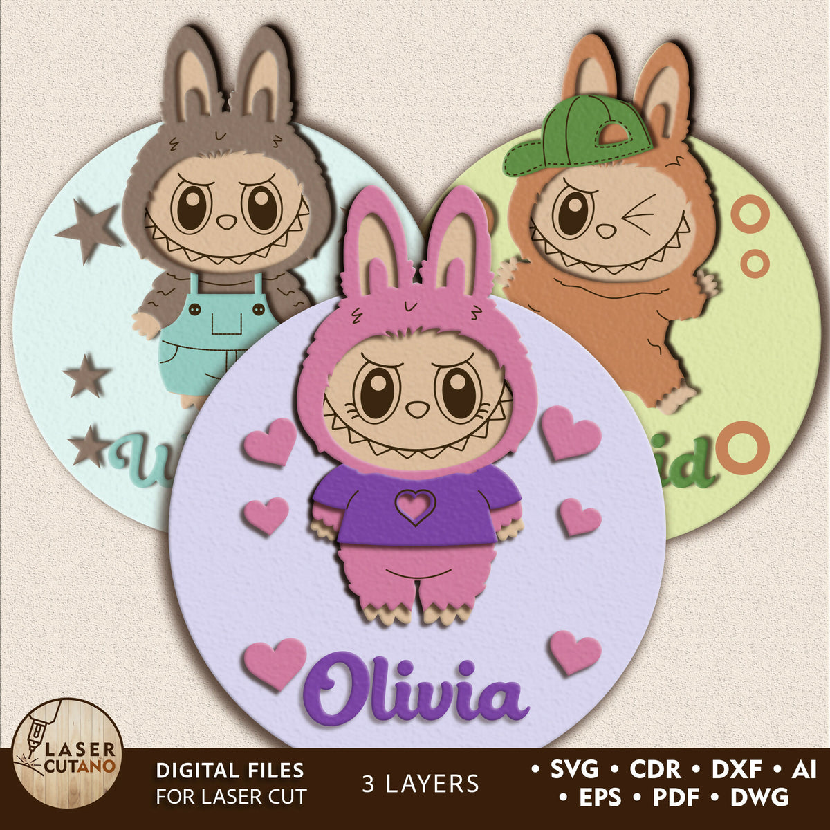 Labubu Character Personalized Kids Wall Art 3 bundle laser cut file