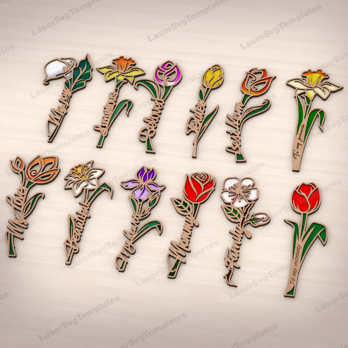 Laser cut wooden name flowers 12 bundle svg file