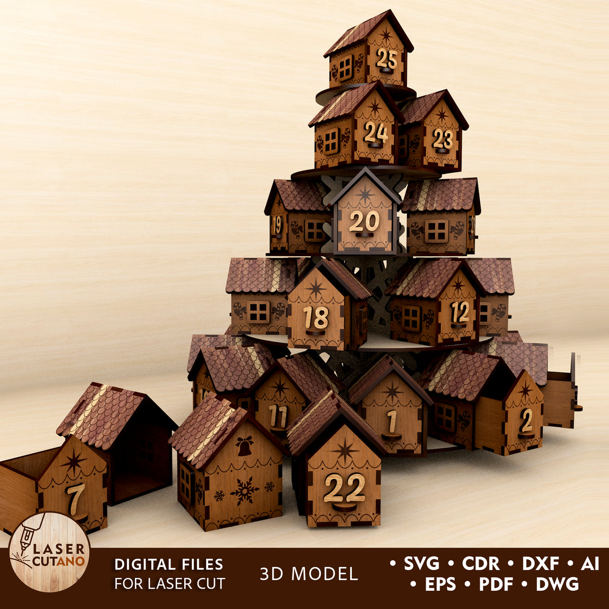 3D Christmas Advent Calendar Houses Laser Cut Svg File