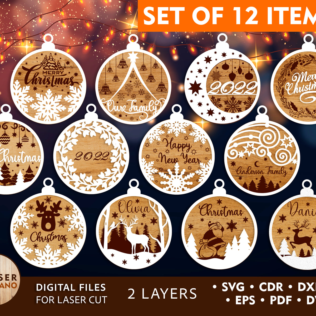 Christmas Ornaments Set 12 Laser cut Svg Files | LaserSvgTemplates