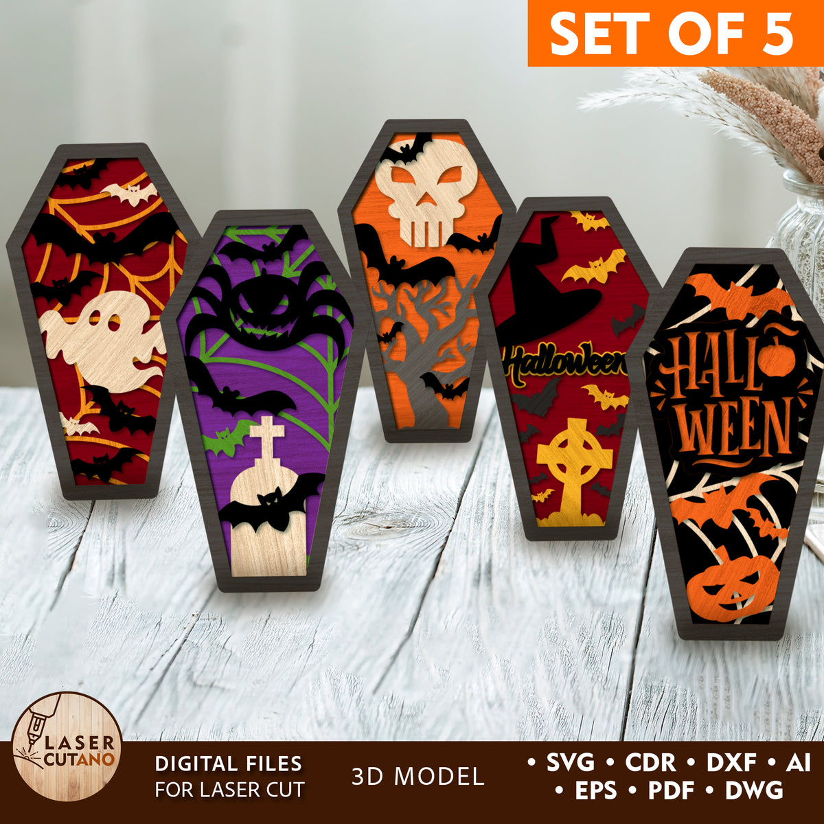 Halloween Coffin Decor 5 bundle Laser Cut Svg File