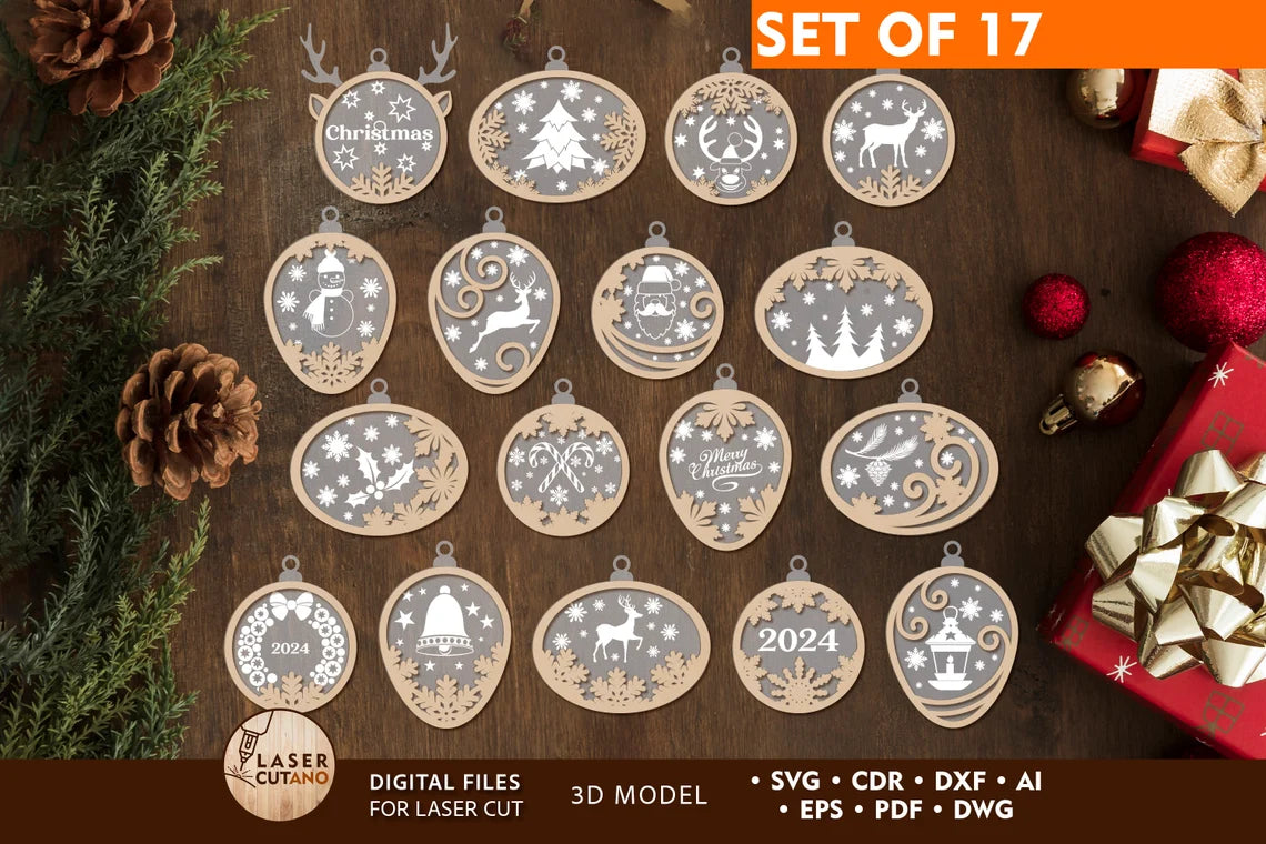 Christmas Ornaments 17 bundle Svg File Laser File | LaserSvgTemplates
