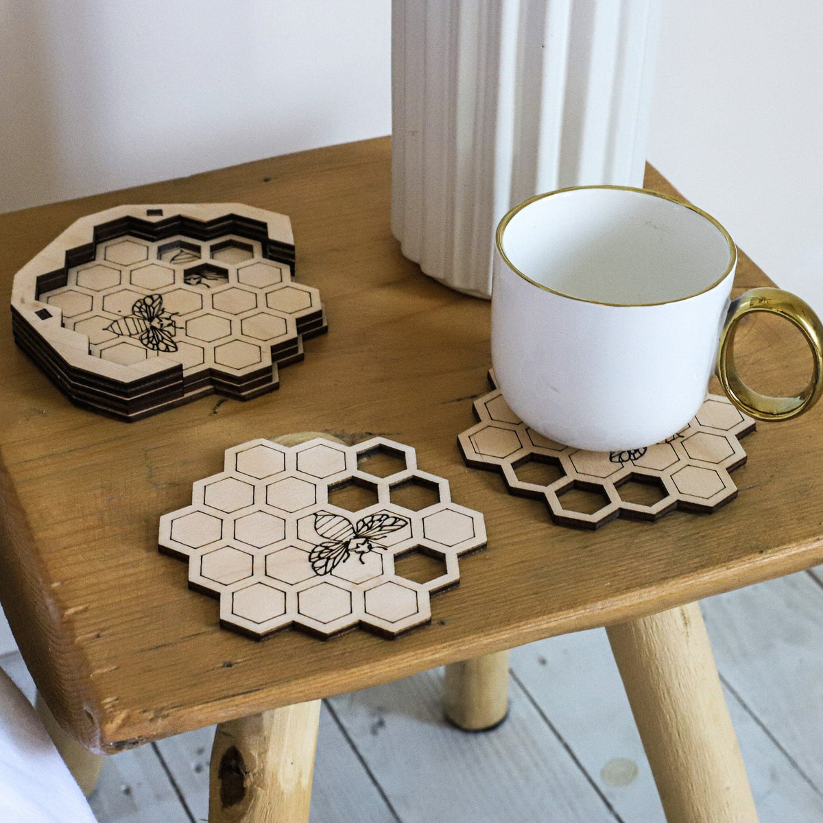 Laser cut honeycomb coasters with holder svg file