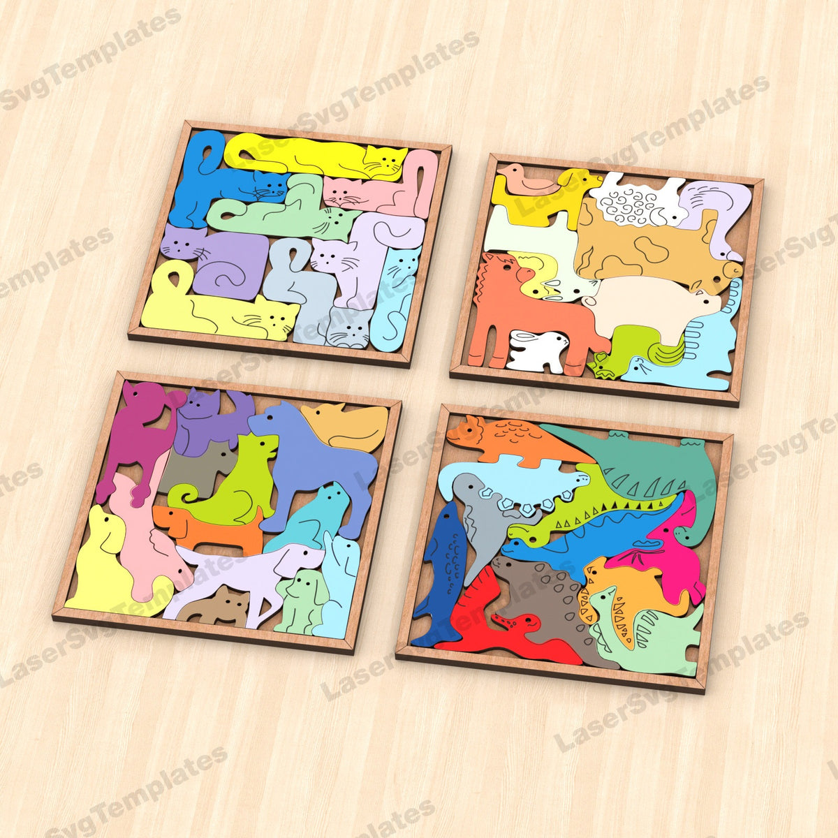 Educational kids animals puzzle 4 bundle laser cut svg file