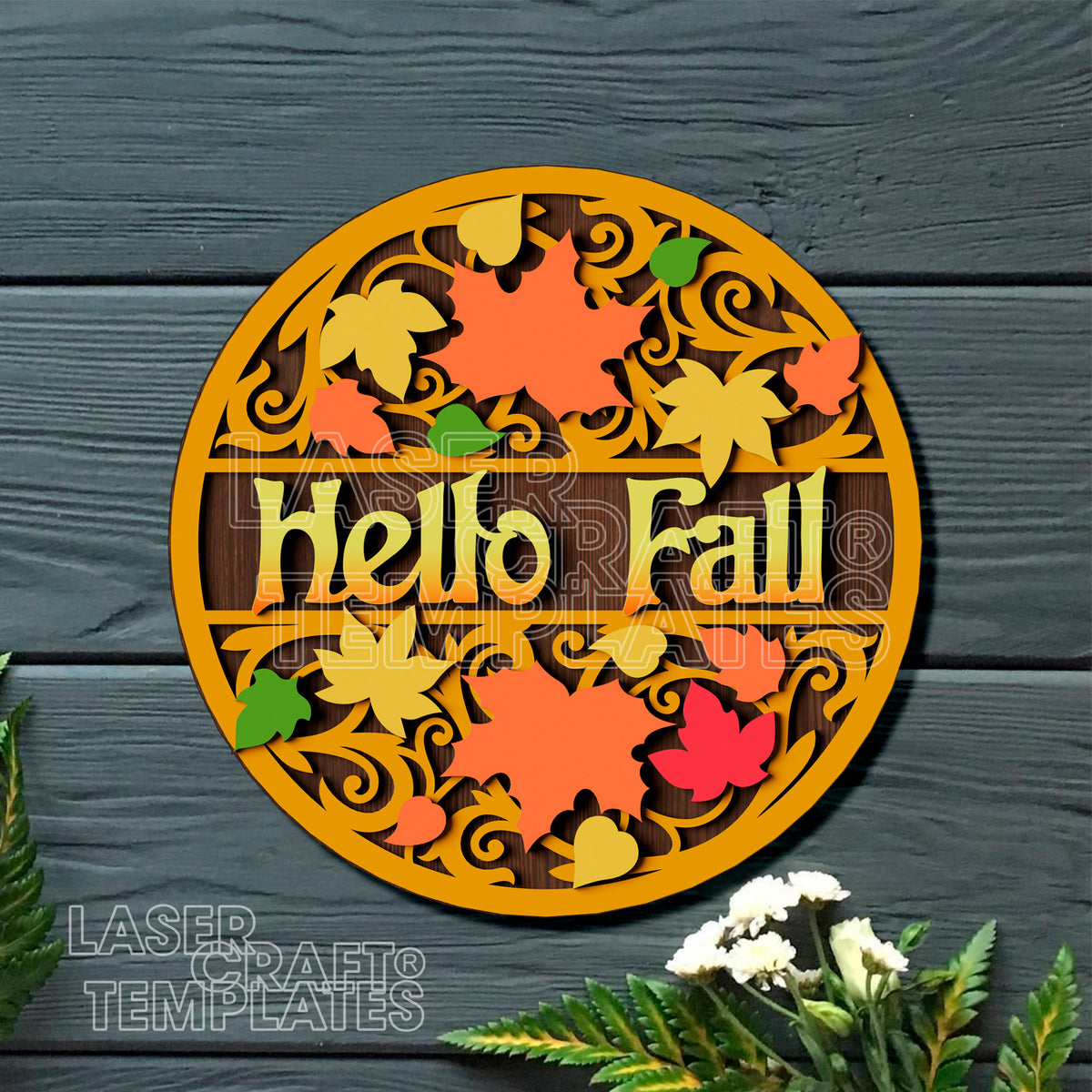 Hello Fall Round Welcome Sign laser cut svg file