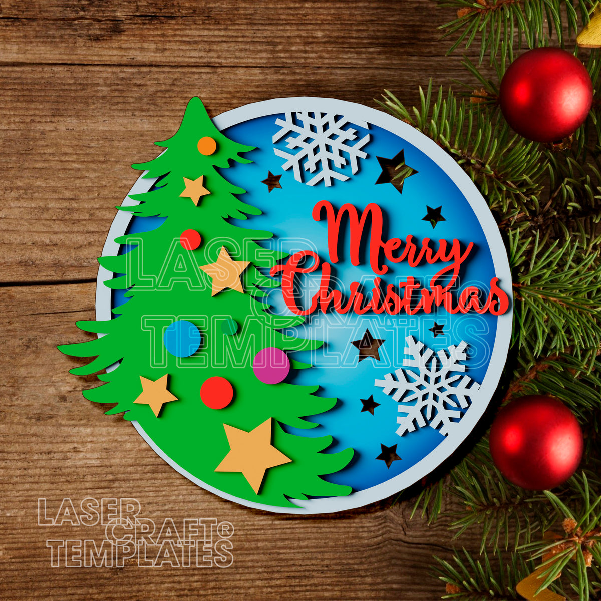 Laser cut Christmas Tree Round Door Sign svg template