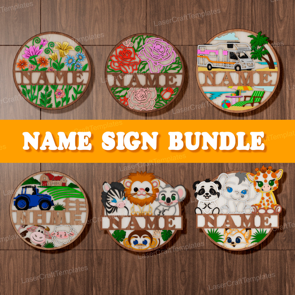 Laser cut Cute Animals Baby Name Sign svg template