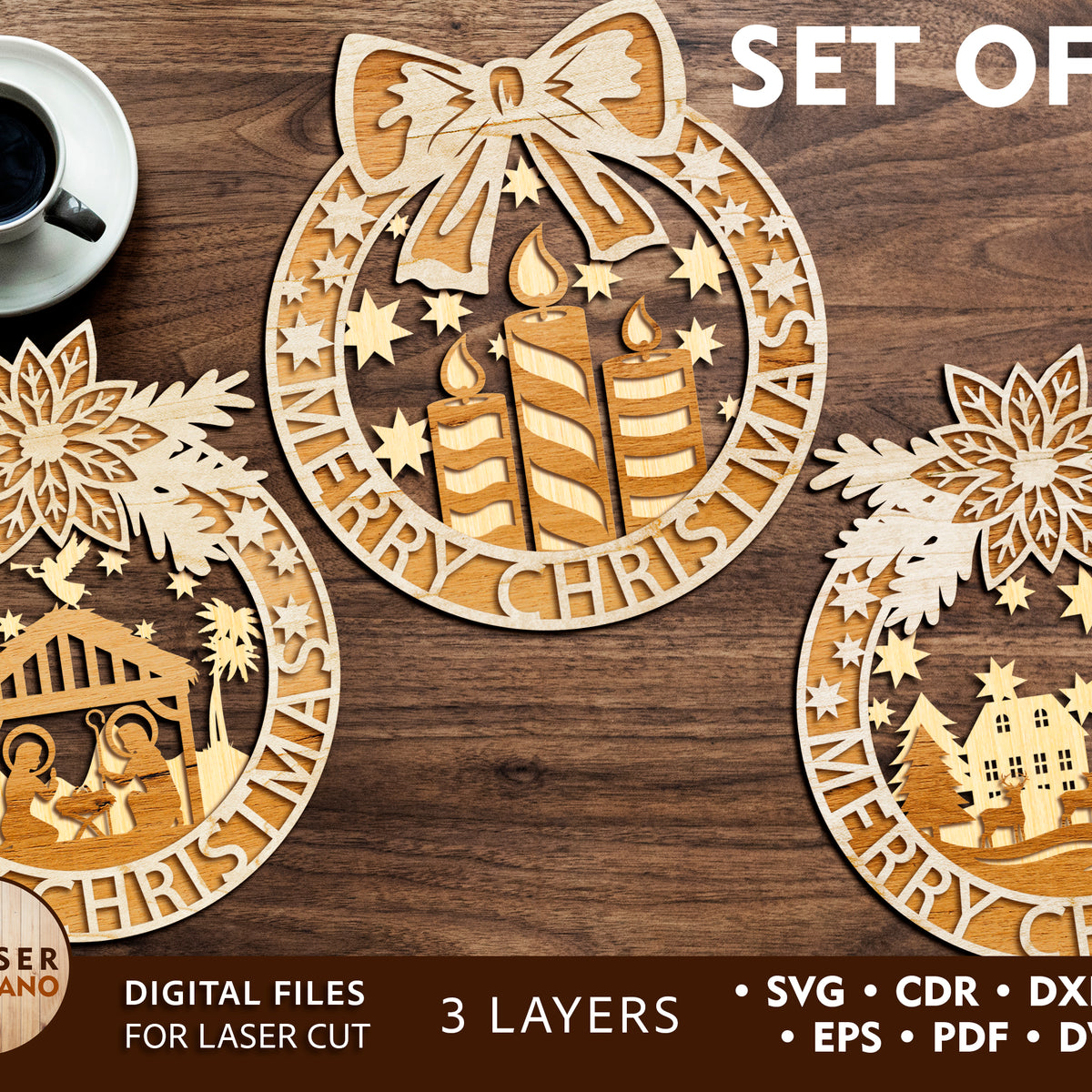 Christmas Multilayer Ornaments 3 set Laser Cut Svg File